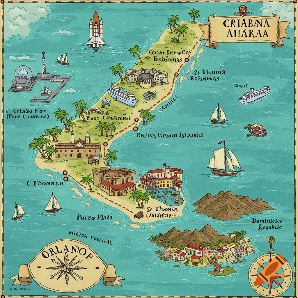 Simple treasure map with stops in Florida, Bahamas, and the Virgin ...