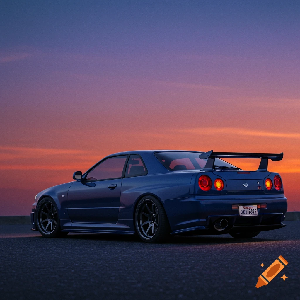 A blue Nissan GT-R R34 car parked on a street at sunset with a city ...