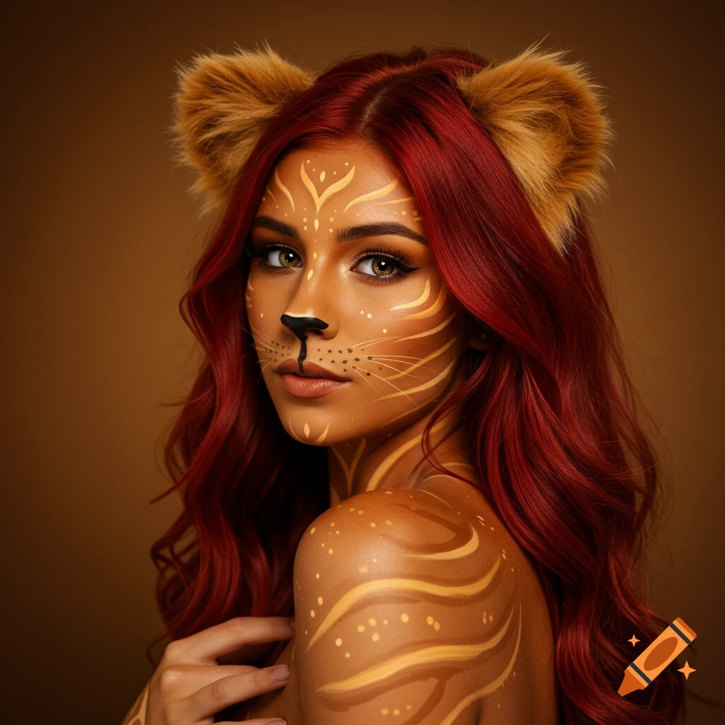 Girl with lion features, red hair, and stripes on Craiyon