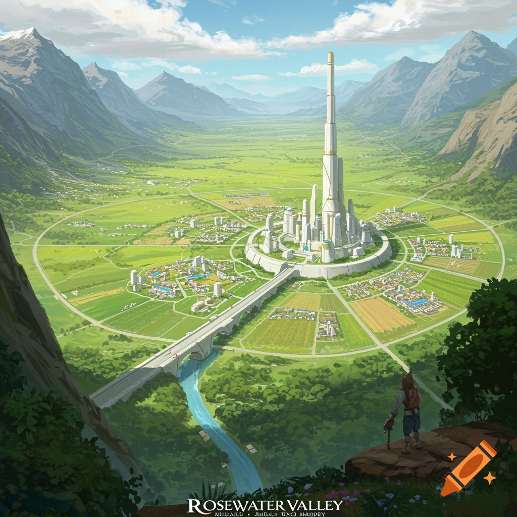 A futuristic city in a lush valley surrounded by mountains, viewed from ...