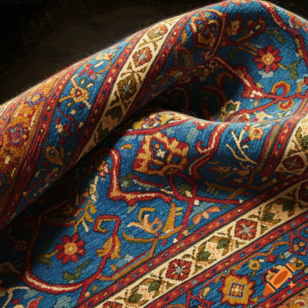 Close-up of a blue, red, and gold patterned Oriental rug. on Craiyon