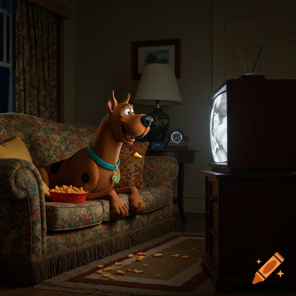 Scooby Doo sits on a couch watching a vintage television, with Scooby ...