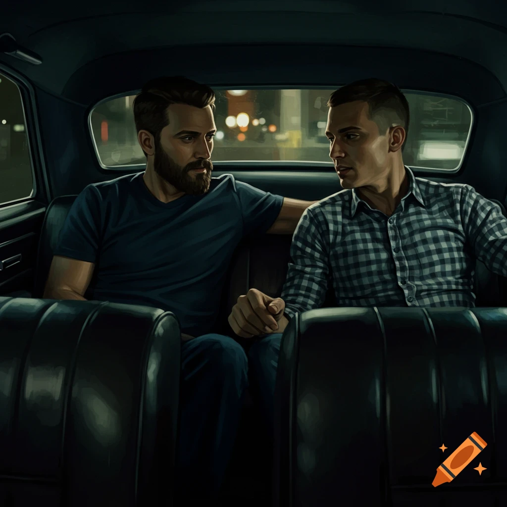 Two men are holding hands in the back seat of a car at night. on Craiyon