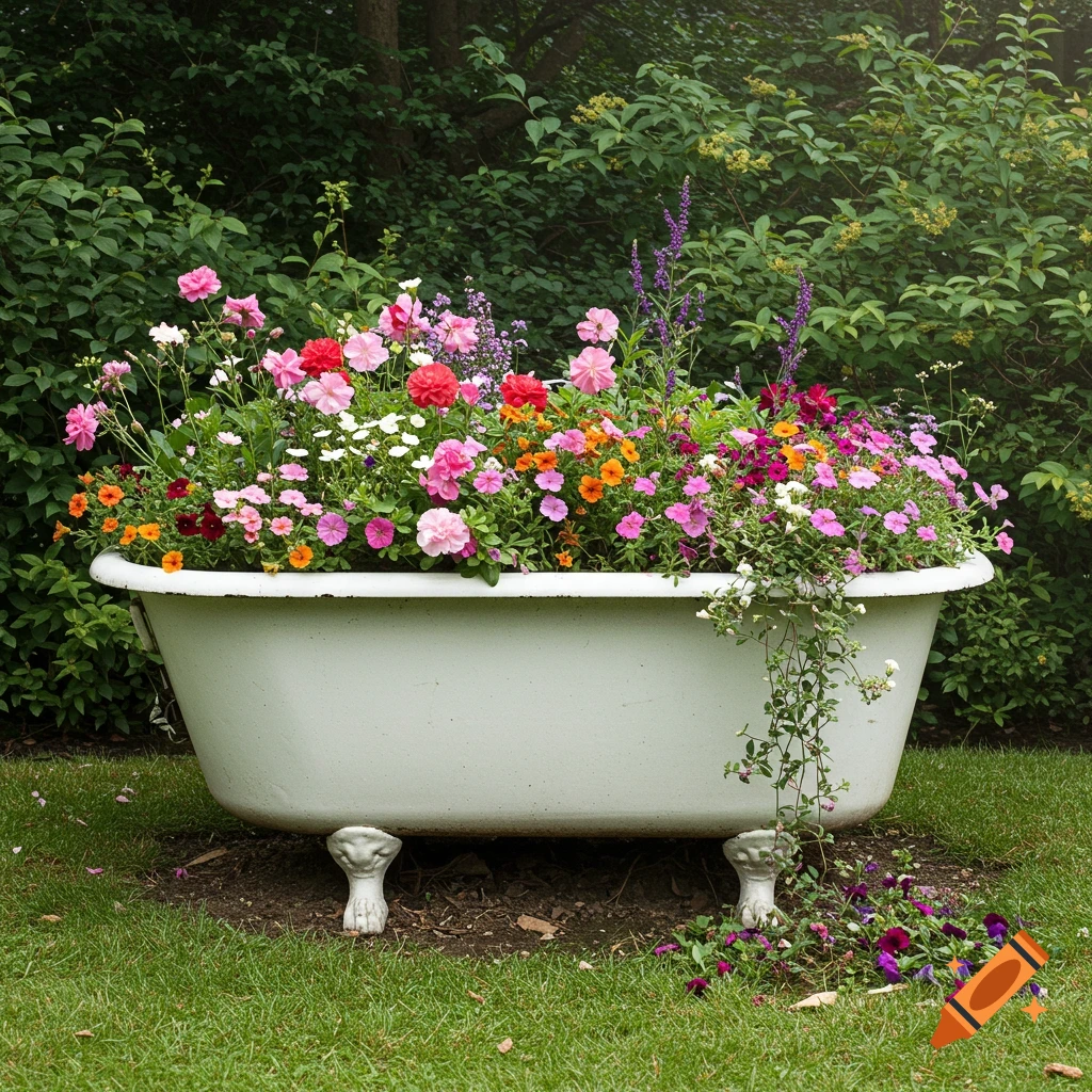 An old white bathtub used as a planter overflowing with colorful ...