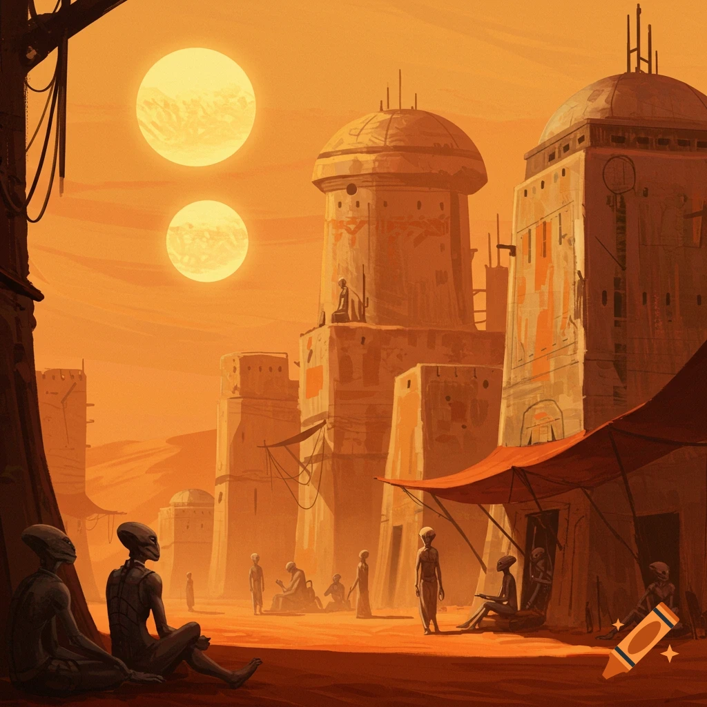 Dusty alien town on a desert planet with two suns on Craiyon
