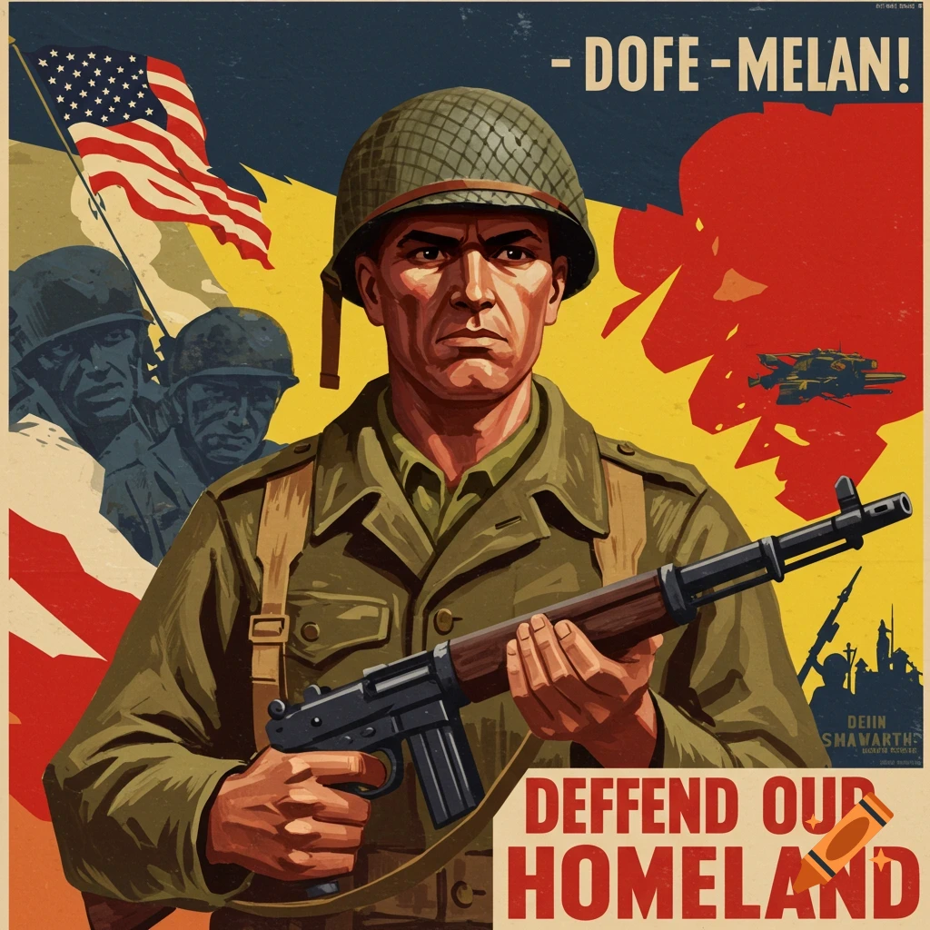 WWII style propaganda poster of a soldier with a rifle, American flag ...