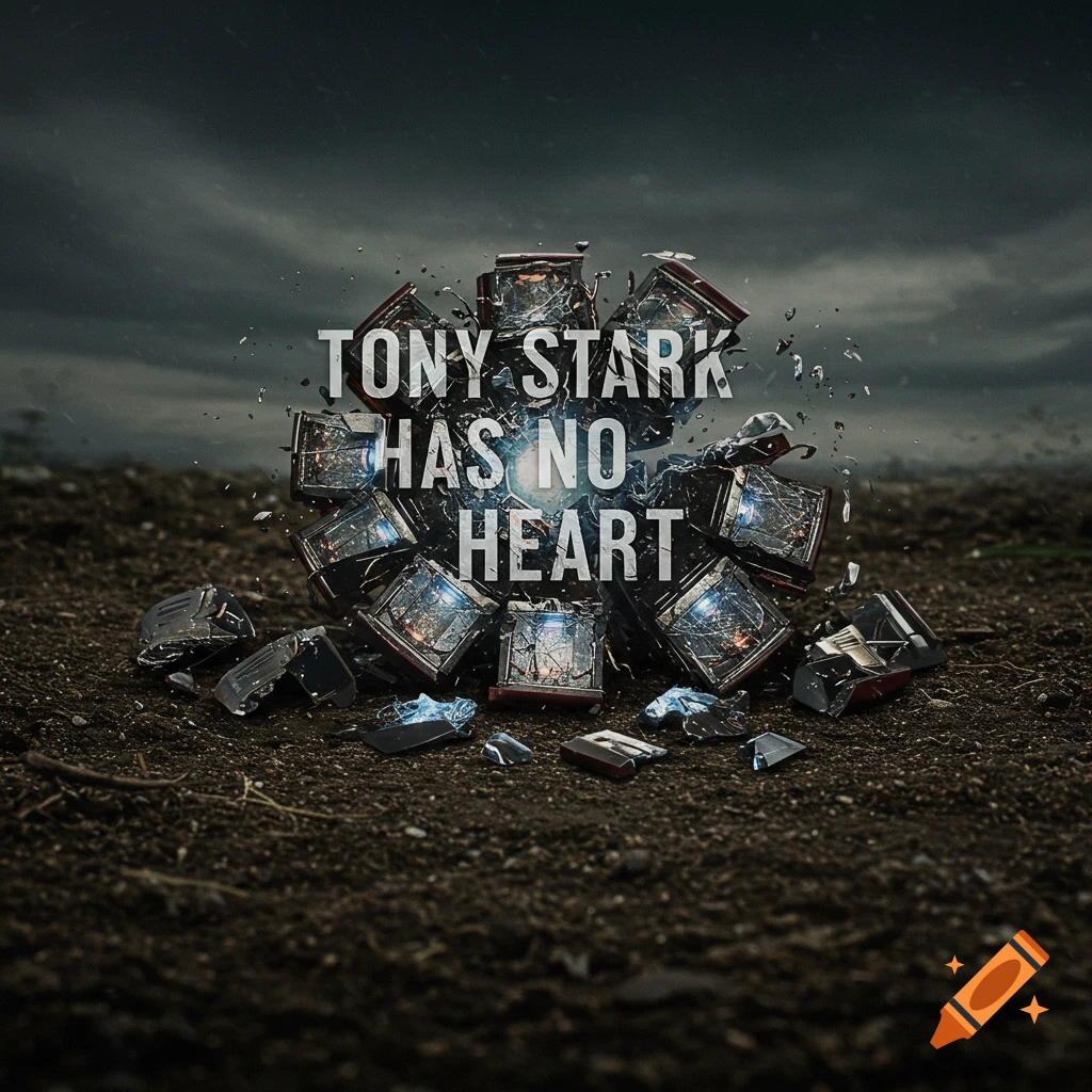 A shattered Iron Man arc reactor lies on the ground with the text "Tony ...