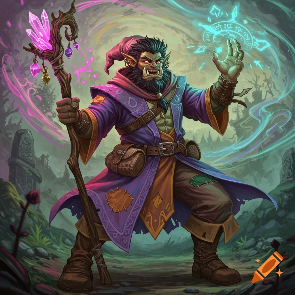 Half-orc wild magic barbarian pretending to be a wizard on Craiyon