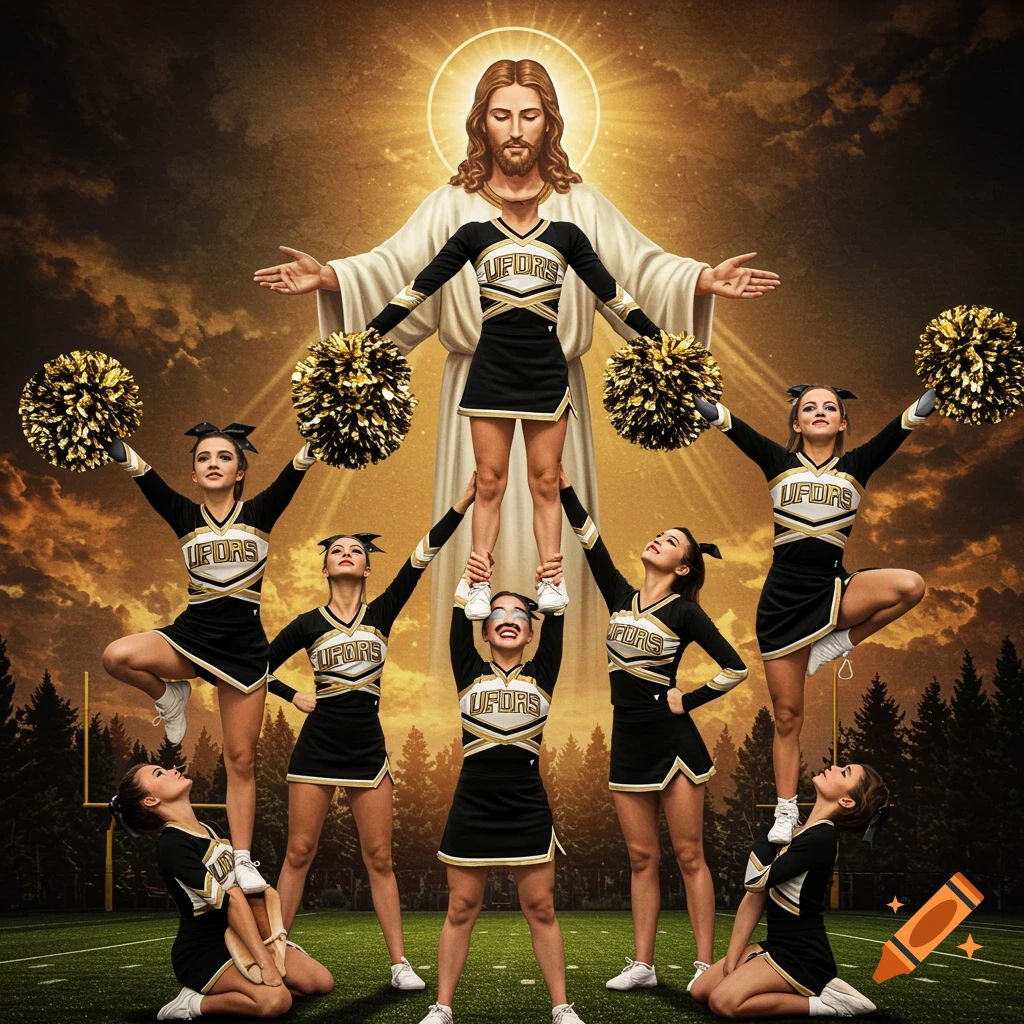 Cheerleaders performing stunt with Jesus praying clipart on Craiyon