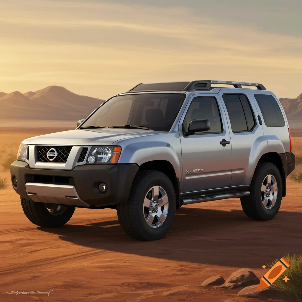 A silver Nissan Xterra SUV is parked on a dirt road in a desert ...