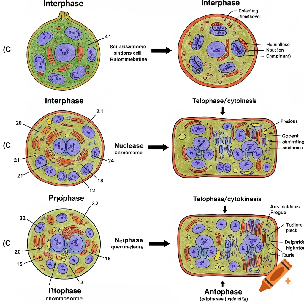 Illustration of interphase and mitosis stages in plant and animal cells ...