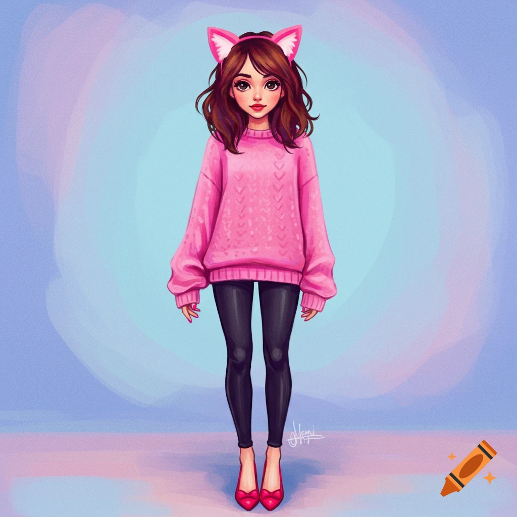 Girl with pink cat ears, pink sweater, black leggings, red shoes, and ...