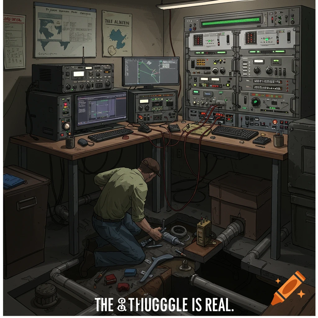 Man repairing plumbing under floor in office with amateur radio setup ...