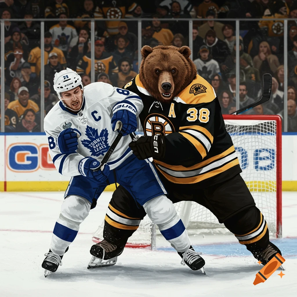 Boston Bruins bear playing hockey and beating up Toronto Maple Leafs ...
