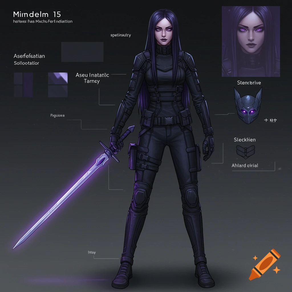 Anime style image of Mindella, a 15-year-old villain with a laser sword ...