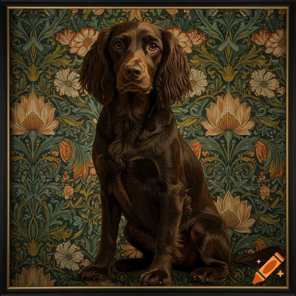Boykin spaniel portrait in William Morris-inspired oil painting on Craiyon