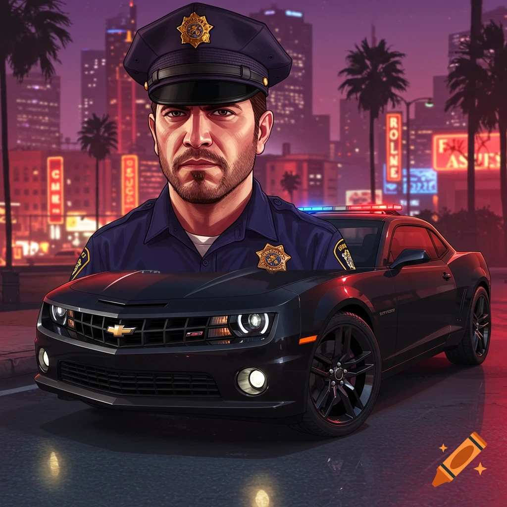 GTA 5 styled cop with campaign hat and black Camaro on Craiyon
