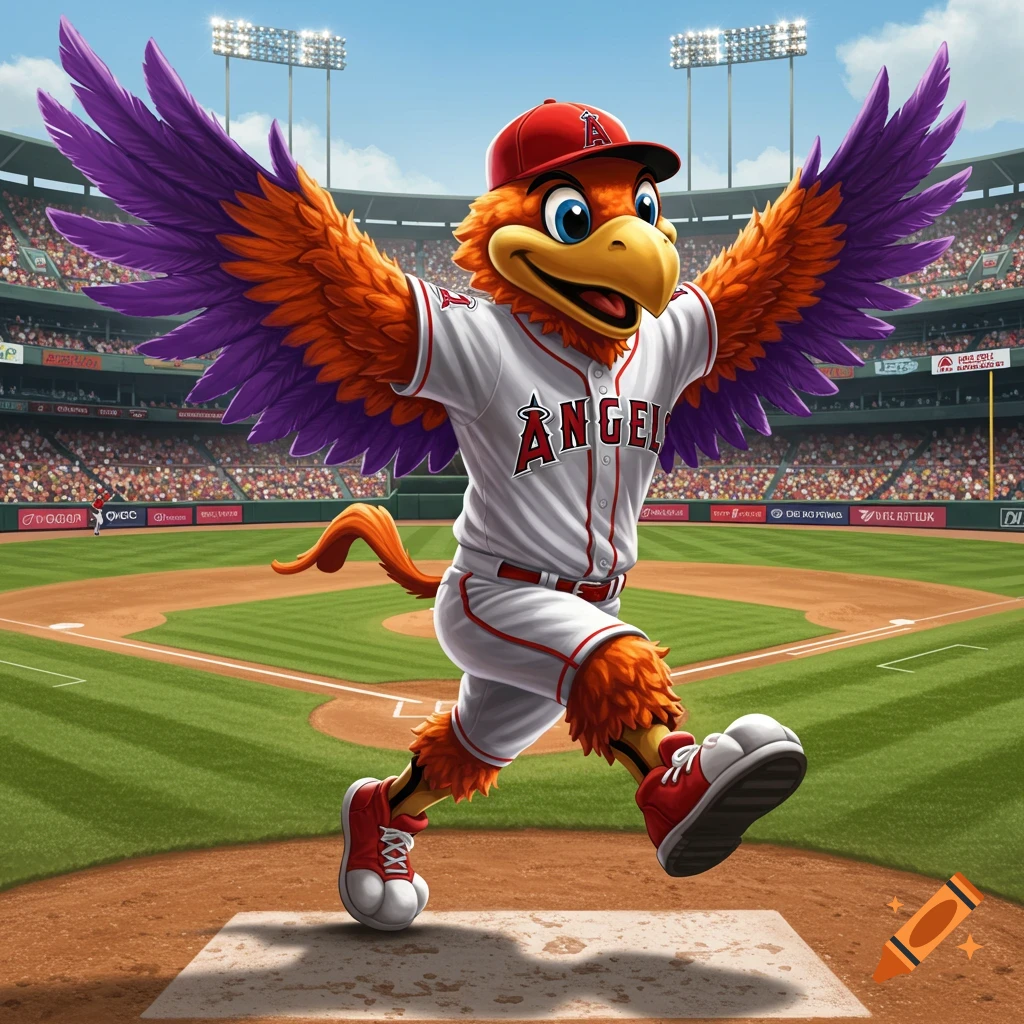 A bird mascot in a baseball uniform running on a field. on Craiyon