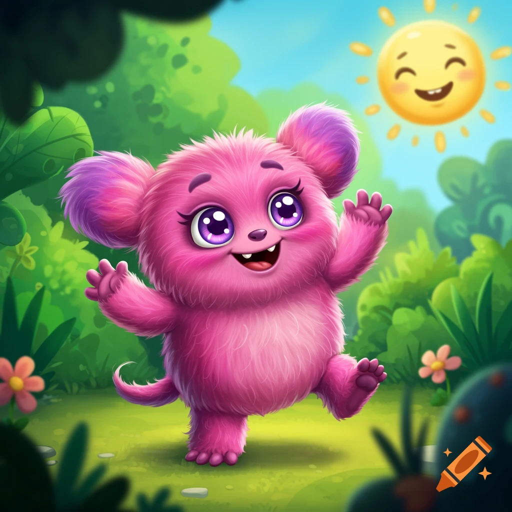 Pink fluffy cartoon monster waving in a sunny forest clearing. on Craiyon