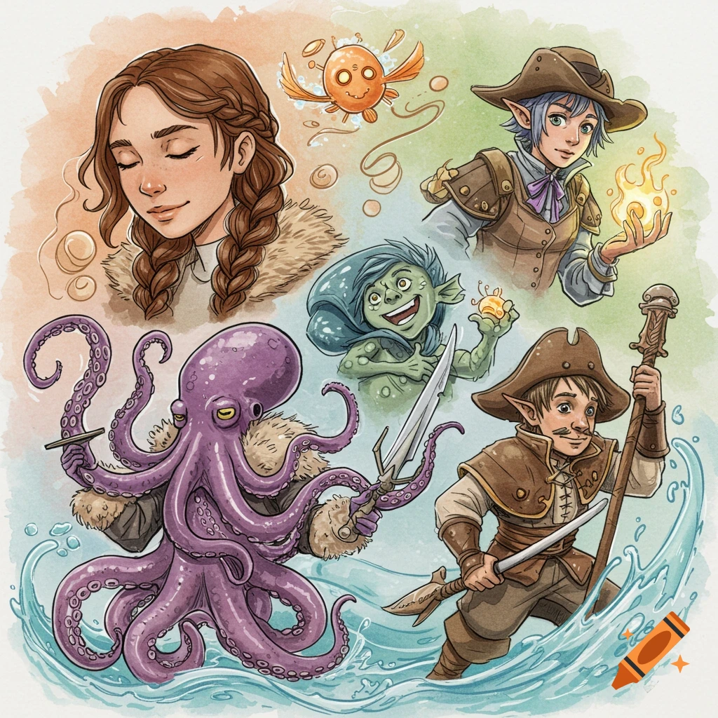 Whimsical watercolor illustration of fantasy characters including a ...