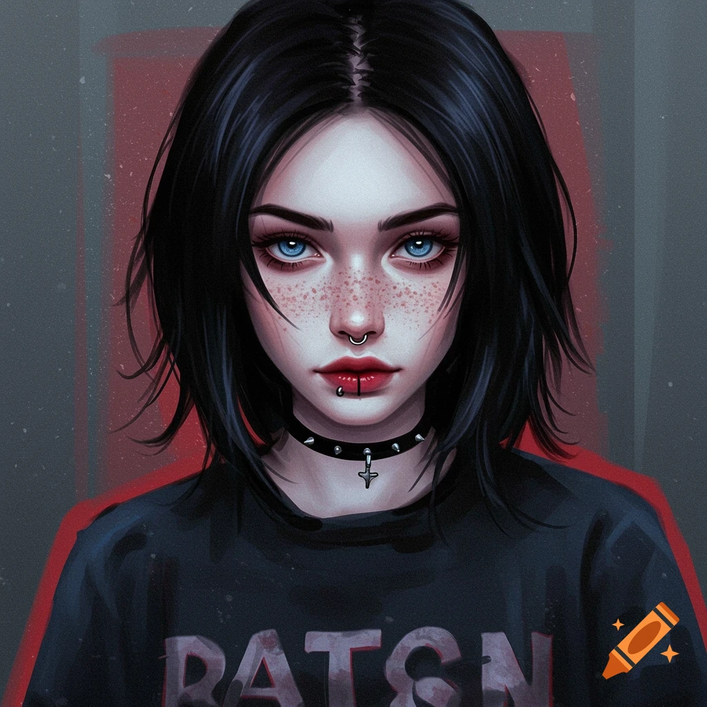 Girl with black hair, blue eyes, freckles, band tee, and ripped jeans ...