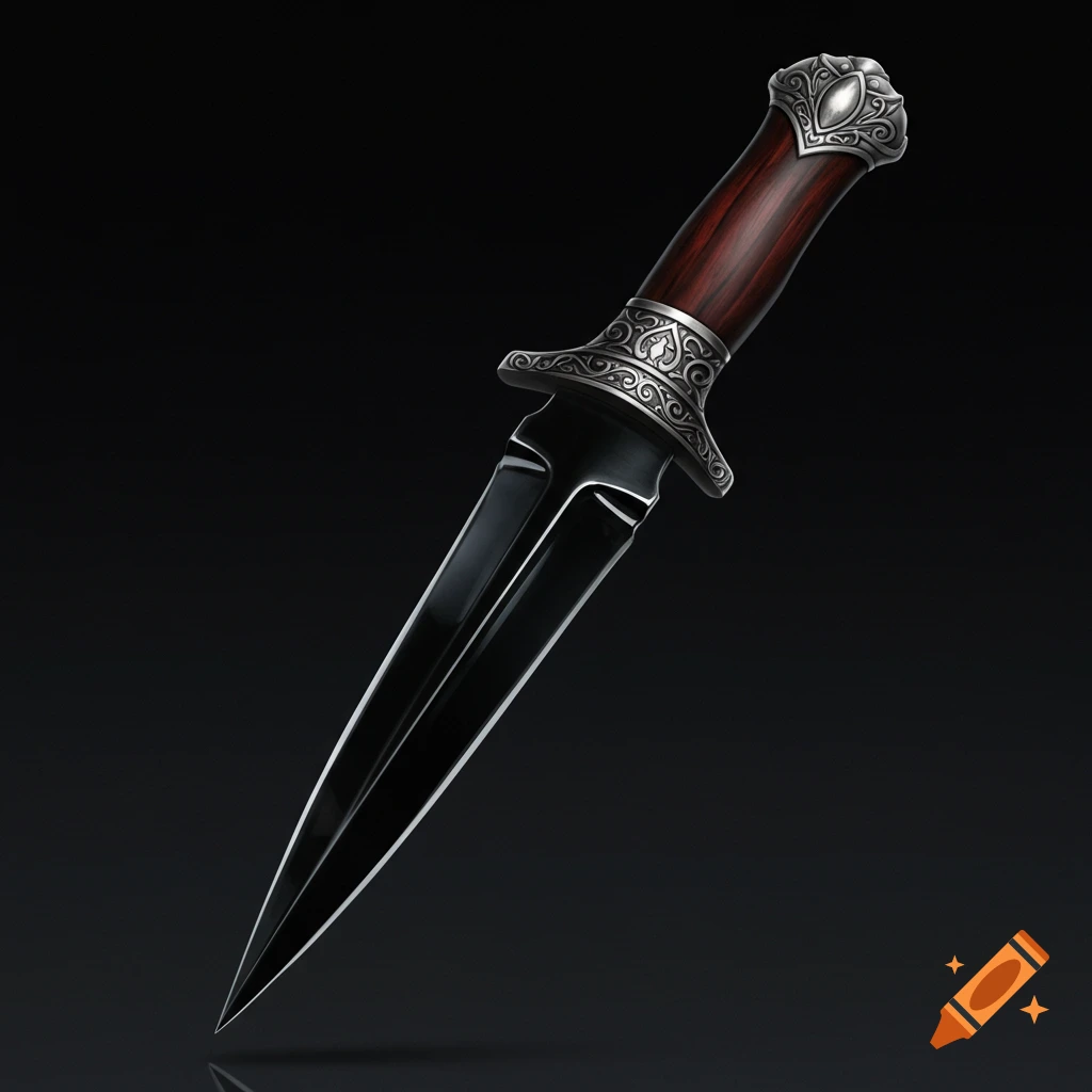 Intricately detailed oil painting of a medieval dagger with serrated ...