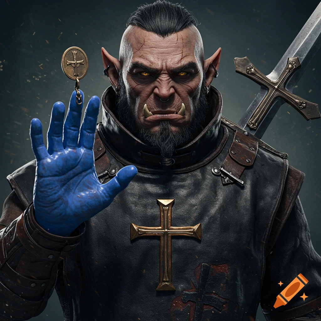 Portrait of a half-orc inquisitor with a bright blue hand, dark armor ...