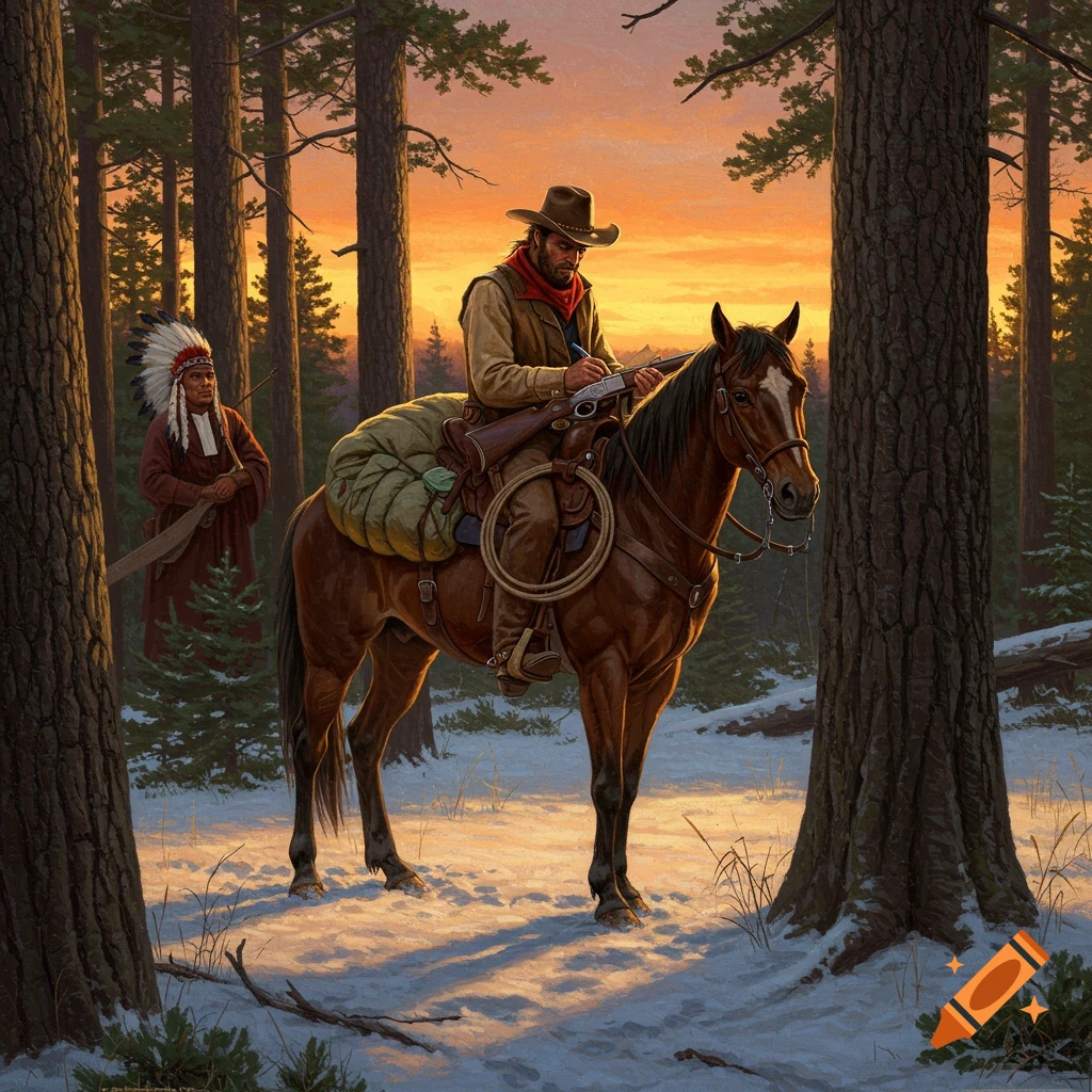Cowboy on horseback with rifle at sunset in snowy forest on Craiyon