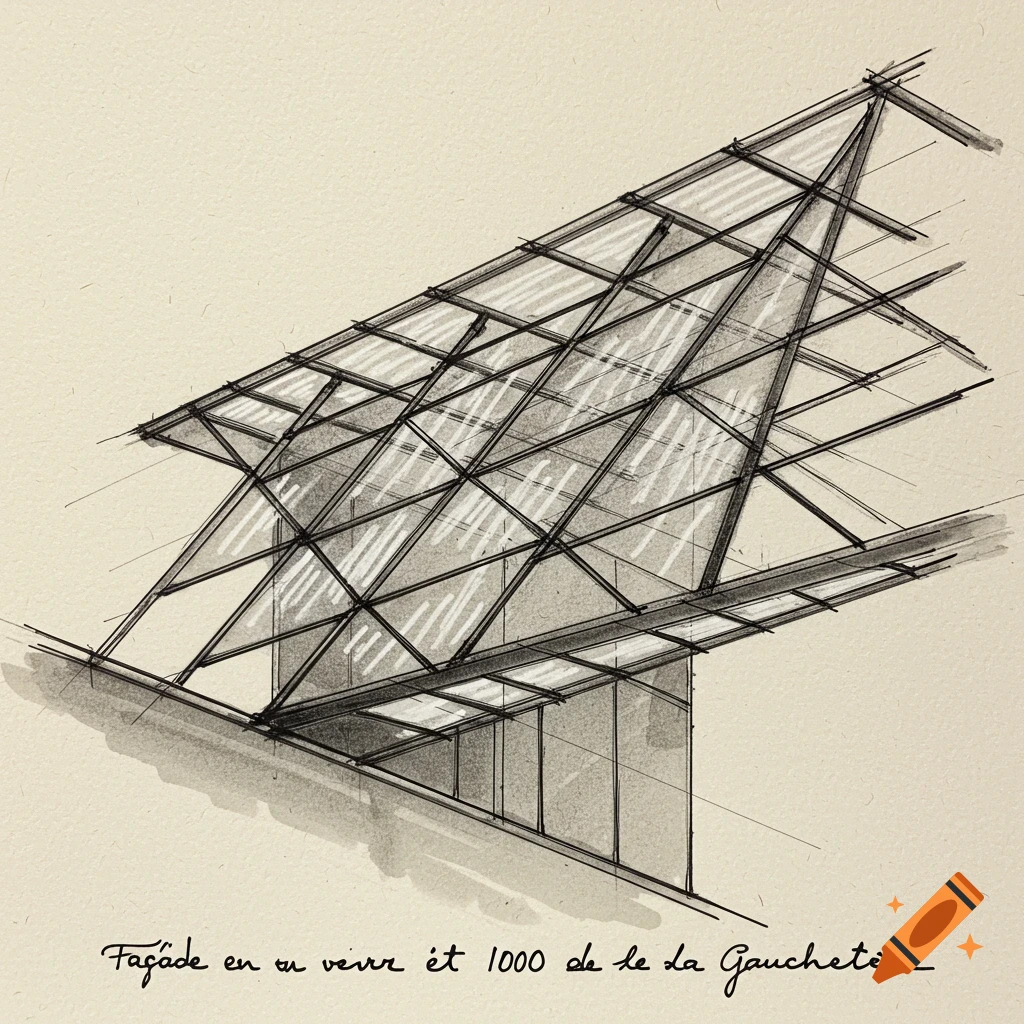 Architectural sketch of a modern glass and steel facade with text label ...