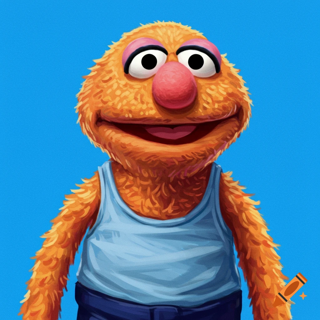 An orange furry puppet character wearing a blue tank top. on Craiyon