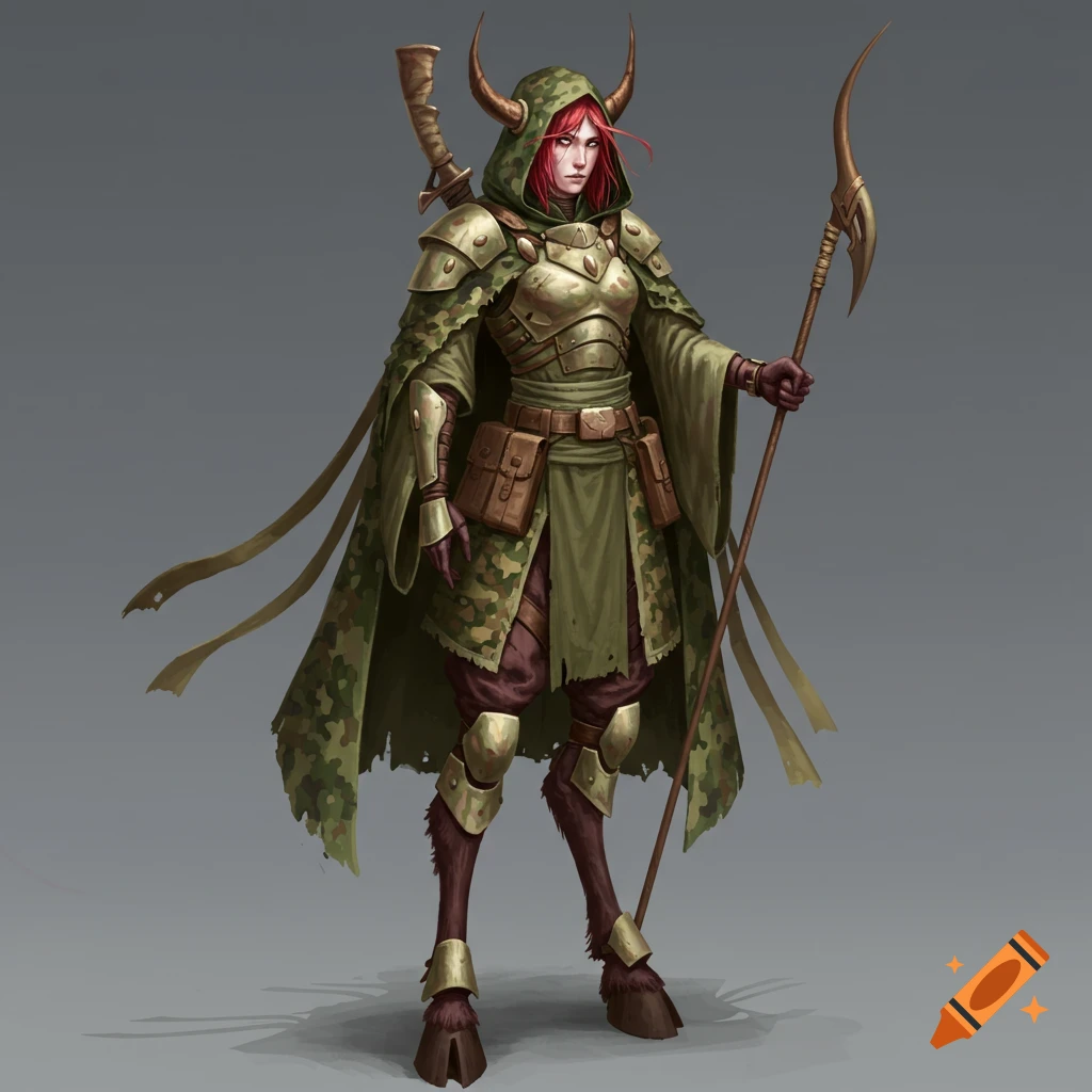 Sci-fi Eldar Ranger, red-haired elf with satyr legs, multicam cloak and ...