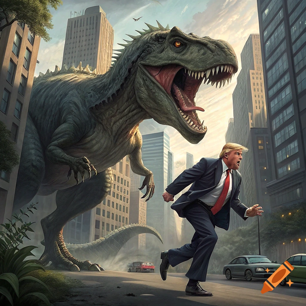 Donald Trump runs from a large dinosaur in a city street on Craiyon