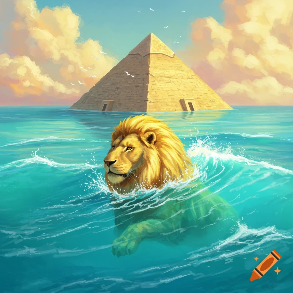 Pyramid with ocean and a creature with a lion's head and hippo's body ...