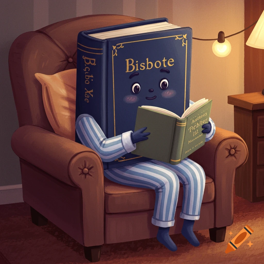 Anthropomorphic book in pajamas reading a book in an armchair in a cozy ...