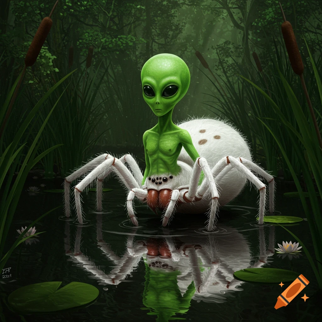 Green alien with a giant white spider lower half in a swamp on Craiyon