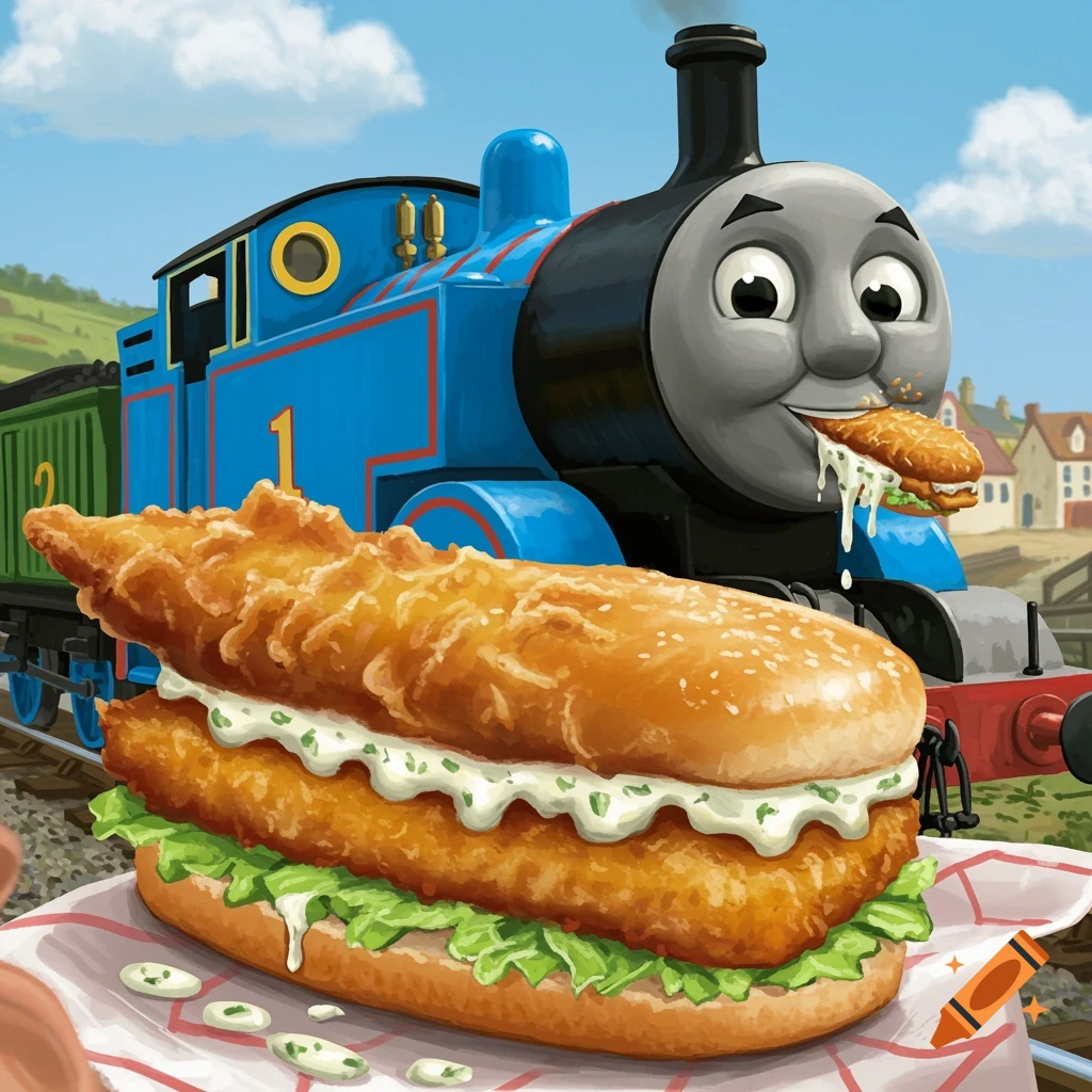 Thomas the Tank Engine eating a large fish sandwich. on Craiyon