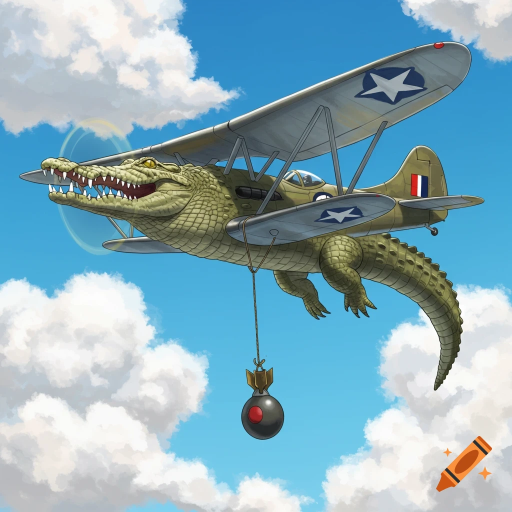 Crocodile with airplane body and bomb flying in the sky on Craiyon