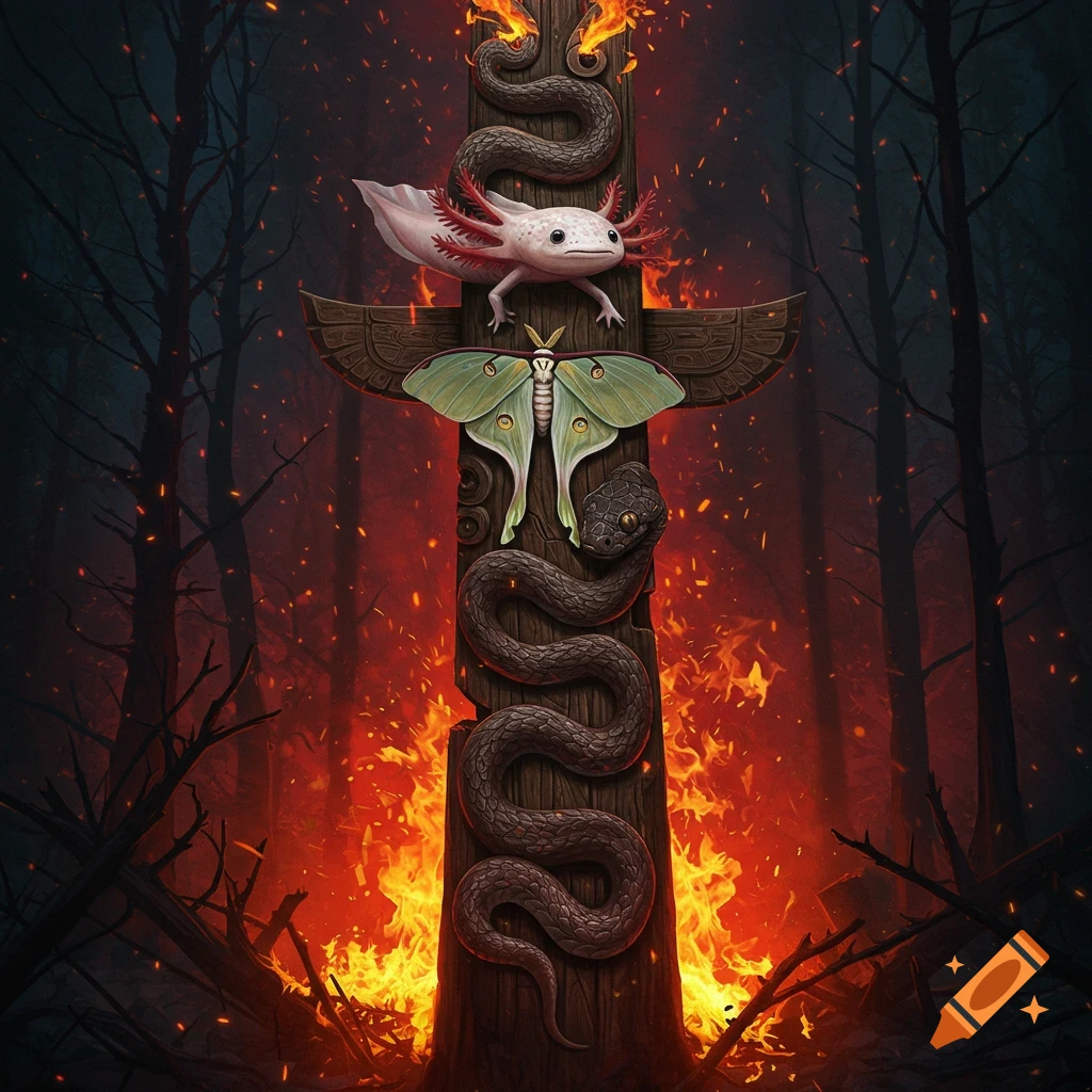 Dark, creepy totem pole with axolotl, Luna moth, eyelash viper, and ...