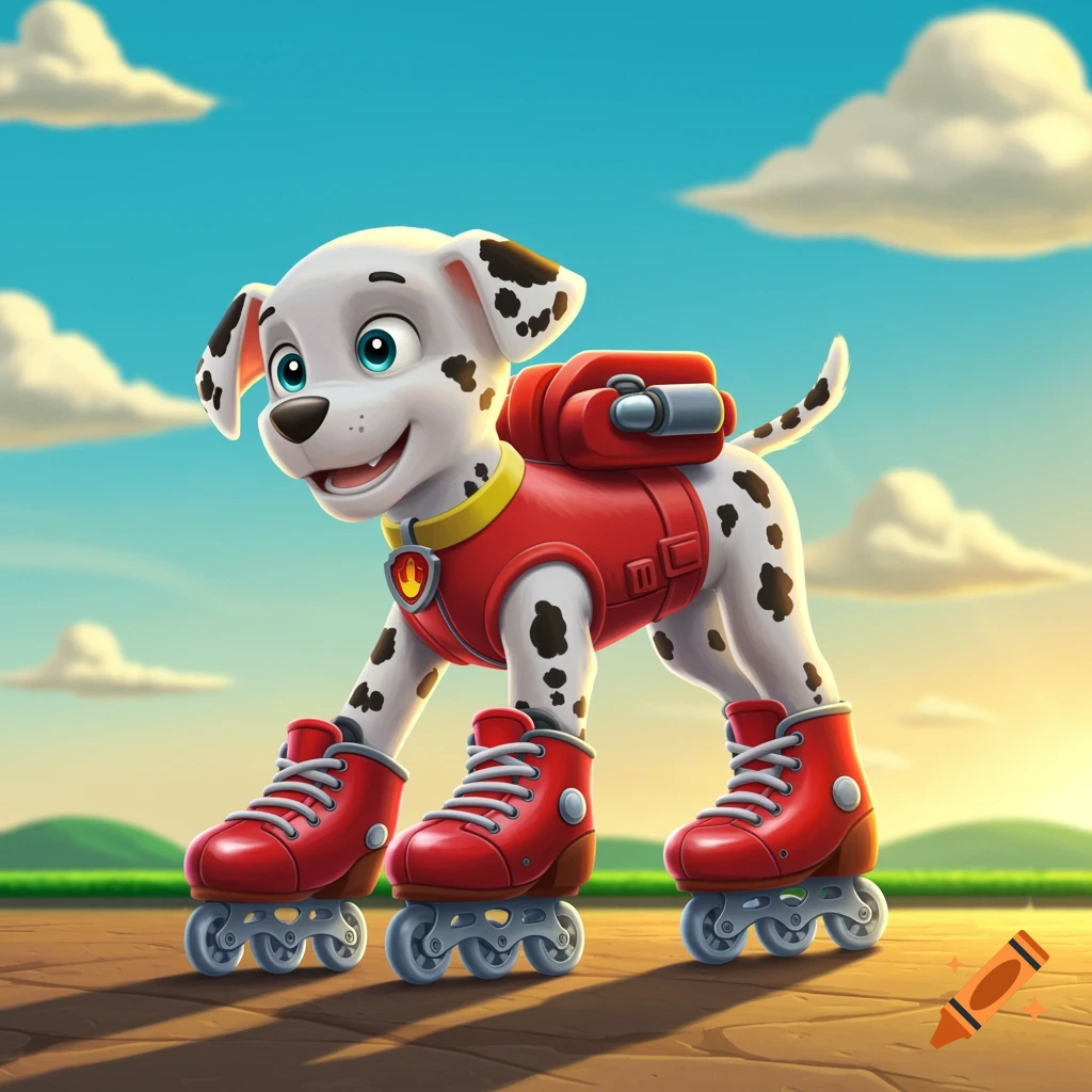 A cartoon green raptor in a helmet and roller skates poses in a skate ...