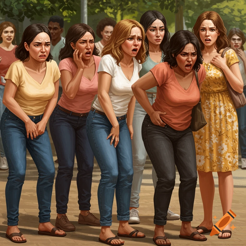 Image of diverse women in public showing discomfort and urgency. on Craiyon
