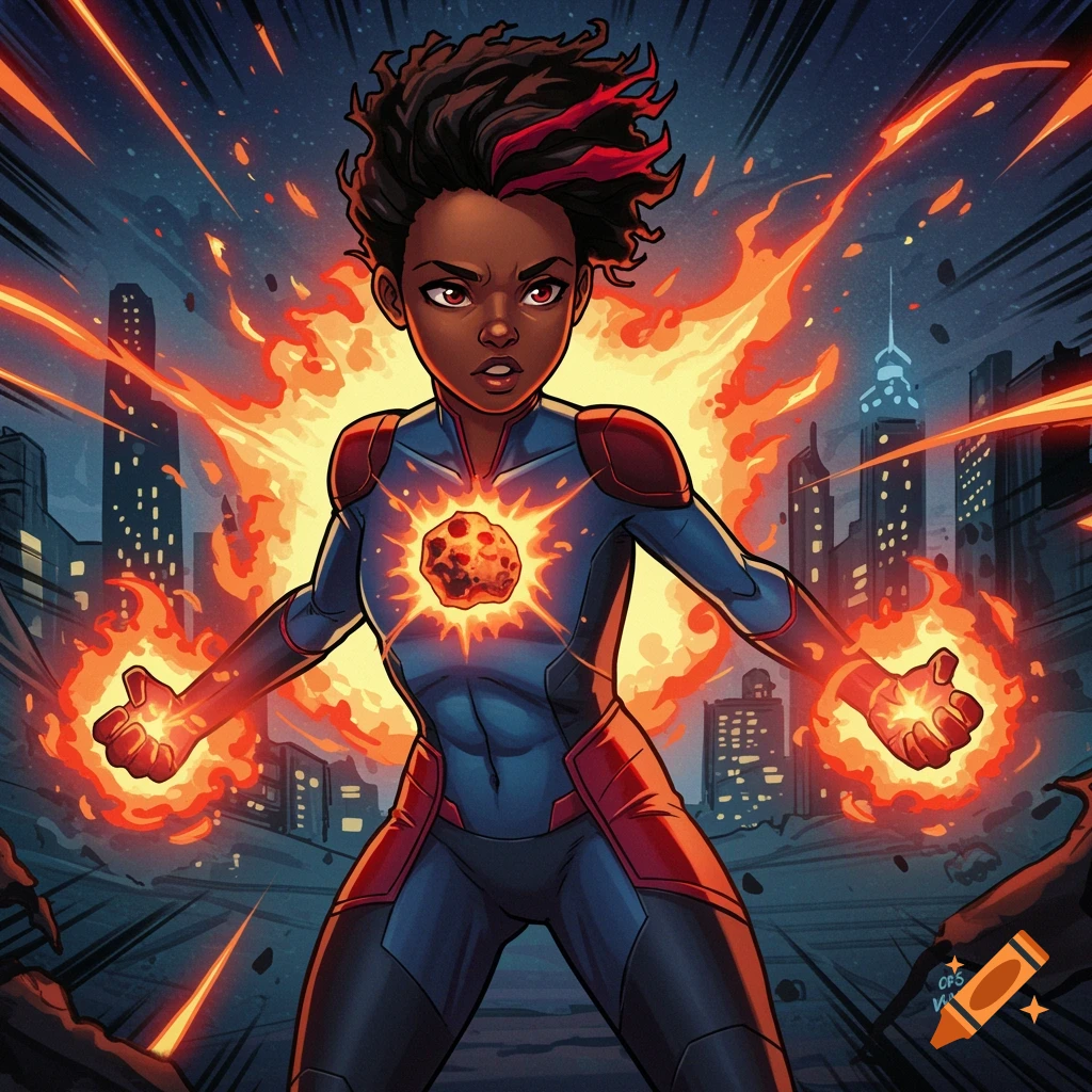 Black superhero girl with flame powers on Craiyon