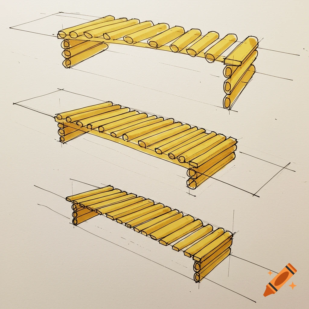 Rough sketch of a simple bridge made of fettuccine pasta beams, line ...