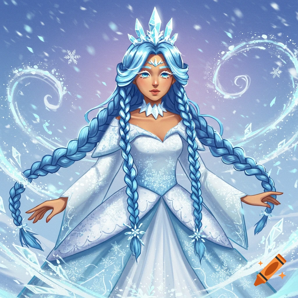 A fantasy portrait of an ice queen with blue braids and a crown of ice ...
