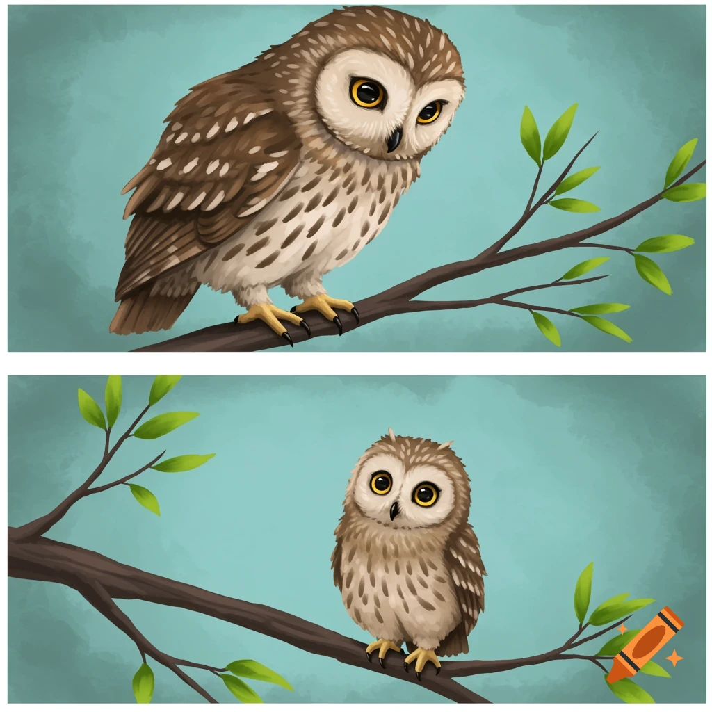 Two owls on branches, adult owl looking at baby owl on Craiyon