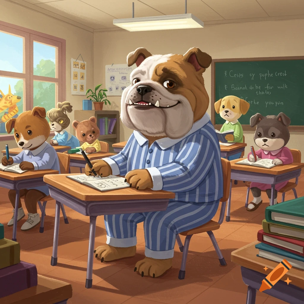 Cartoon dogs, including a bulldog in pajamas, study in a classroom. on ...