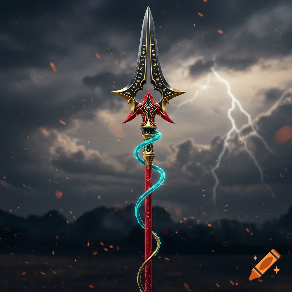 Godly spear with red, cyan, gold, and black color scheme on Craiyon