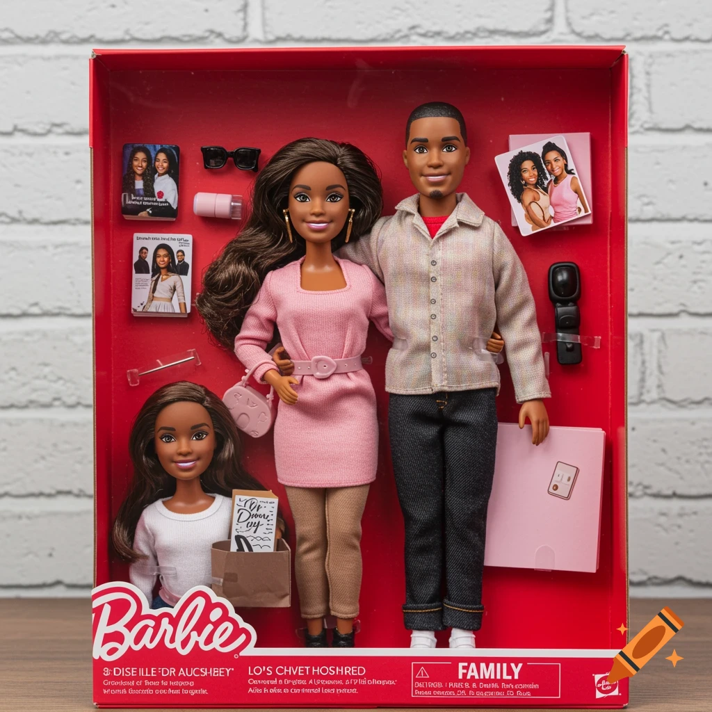 Photorealistic image of a Barbie-style box with adult male and female ...