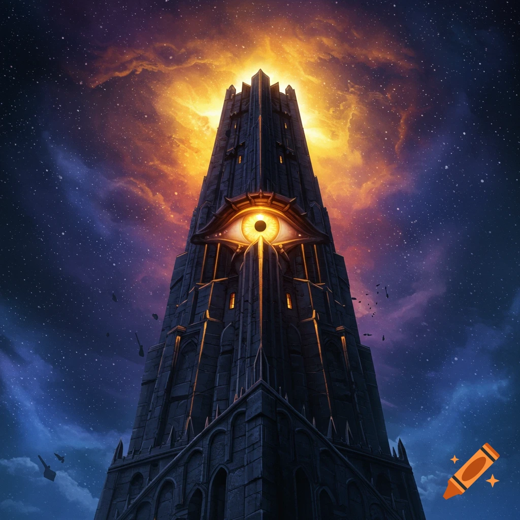 Dark fantasy tower with a glowing eye against a starry, fiery sky. on ...