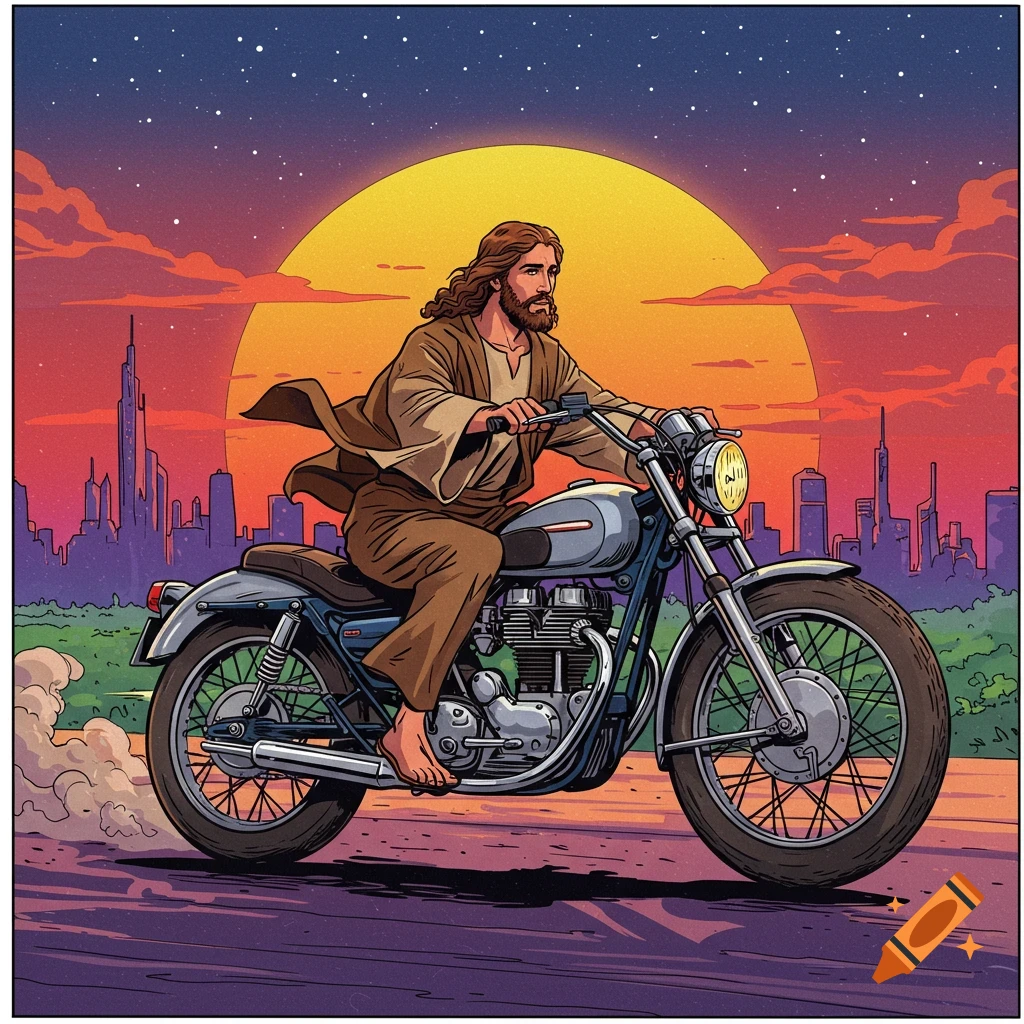 Jesus is riding a motorcycle towards a sunset cityscape. on Craiyon