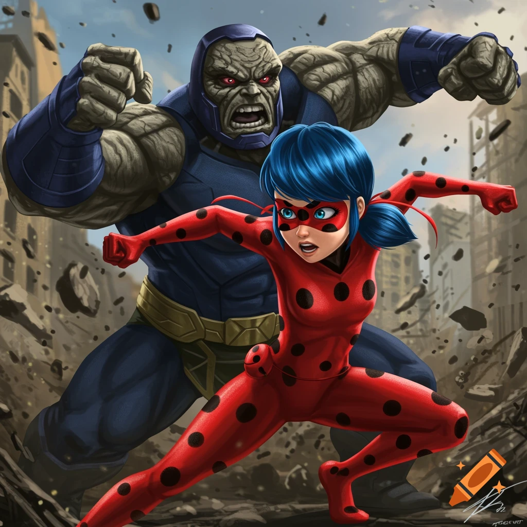 Ladybug battling Darkseid in comic style on Craiyon